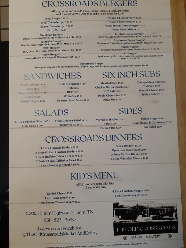 Menu at The Old Crossroads Market and Eatery, Cookeville