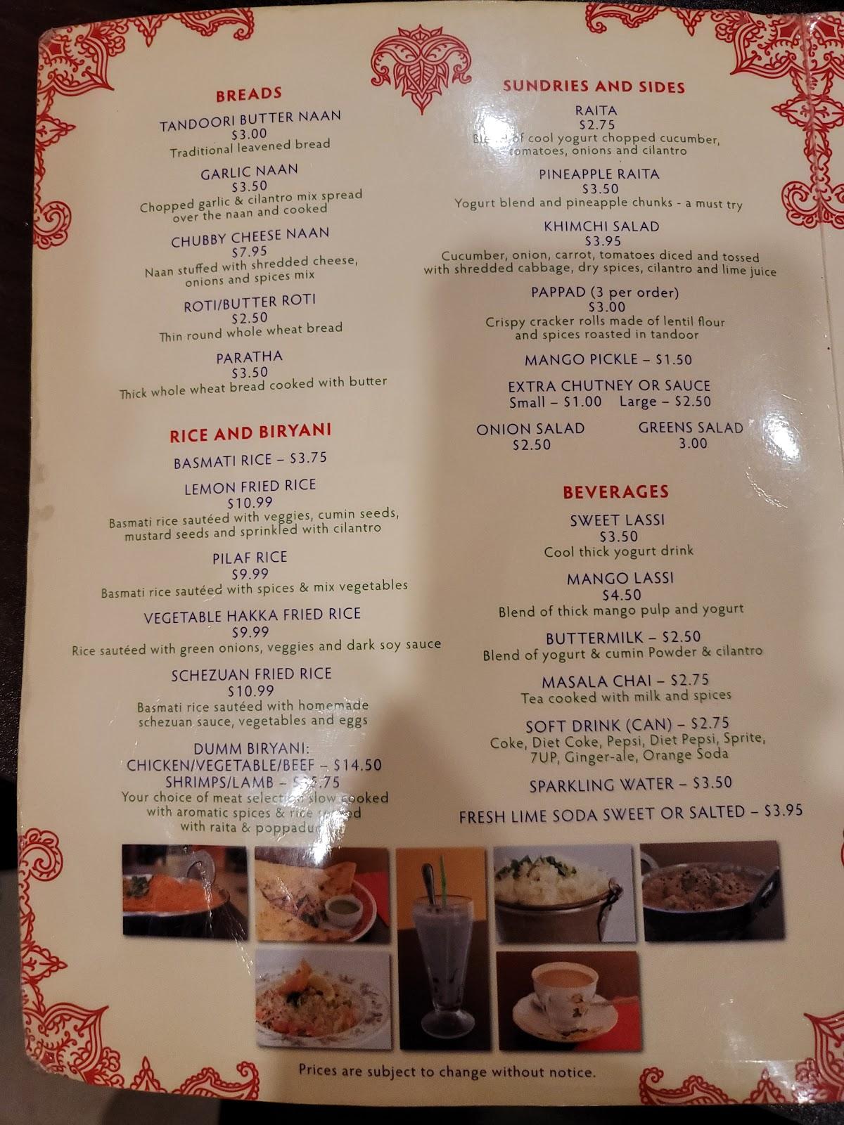 Menu at Urban Spice Restaurant, Saskatoon