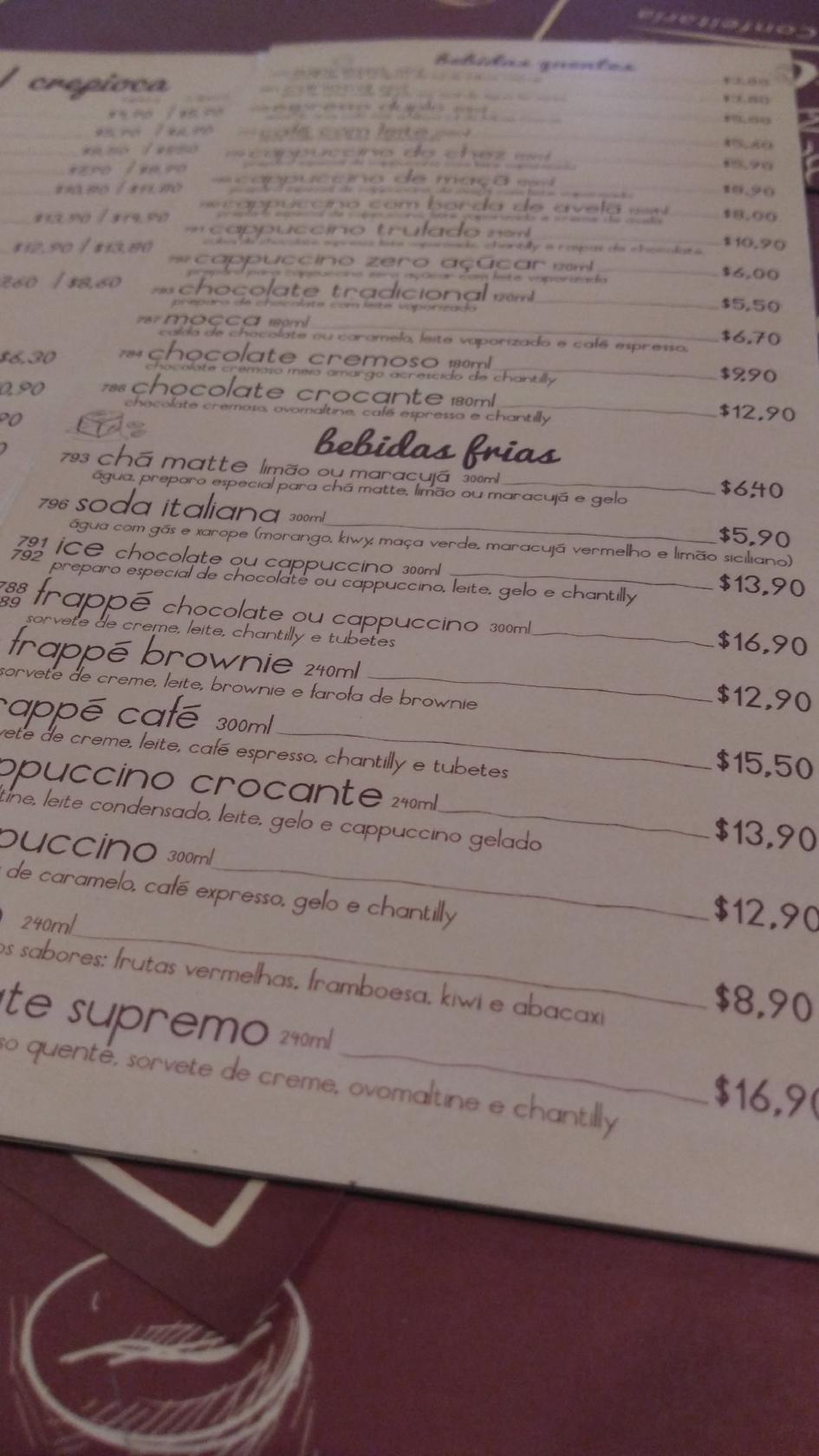 Menu at Chez Café, Fortaleza, Av. Viena Weyne