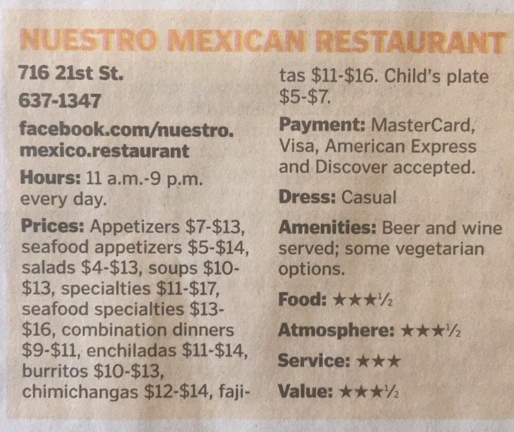 Menu at Nuestro Mexico Restaurant, Bakersfield