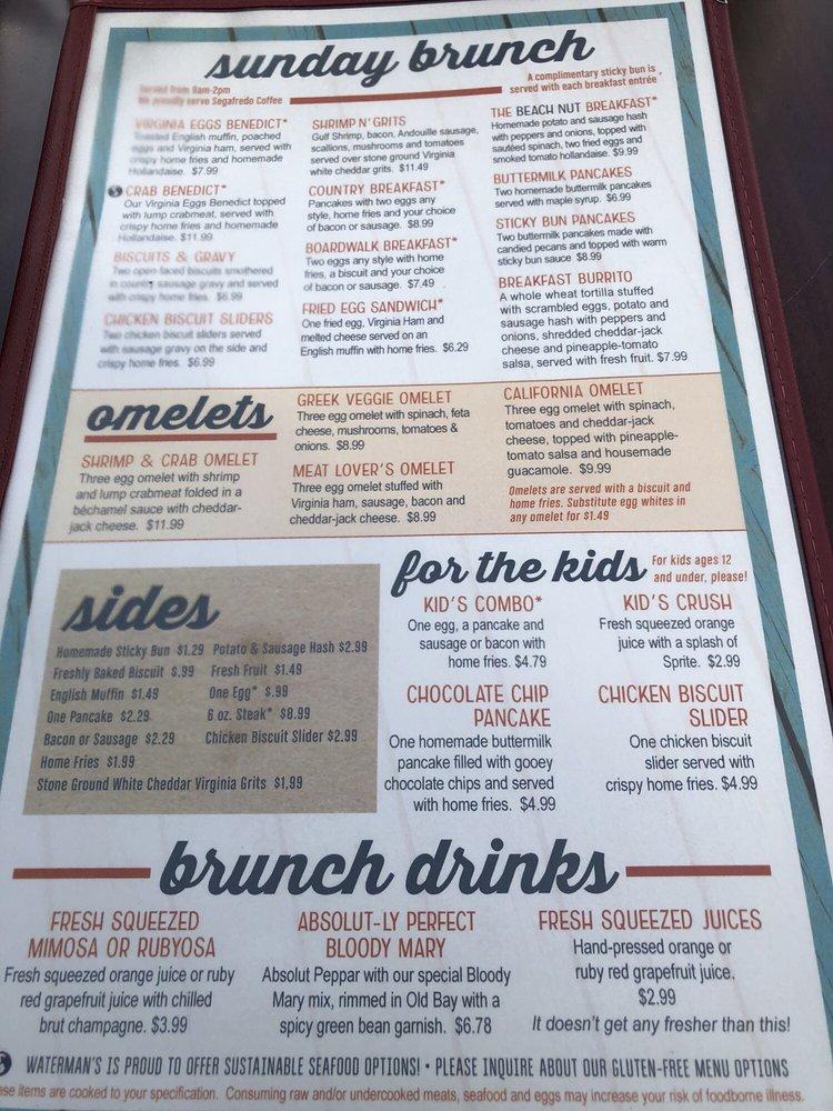 Menu at Waterman's Surfside Grille pub & bar, Virginia Beach