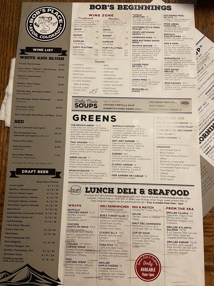 Menu at Bobs Place pub & bar, Avon