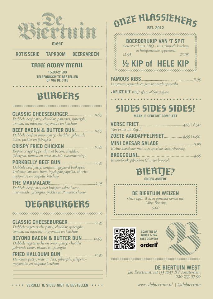 Menu at De Biertuin West, Amsterdam, Jan Evertsenstraat 135