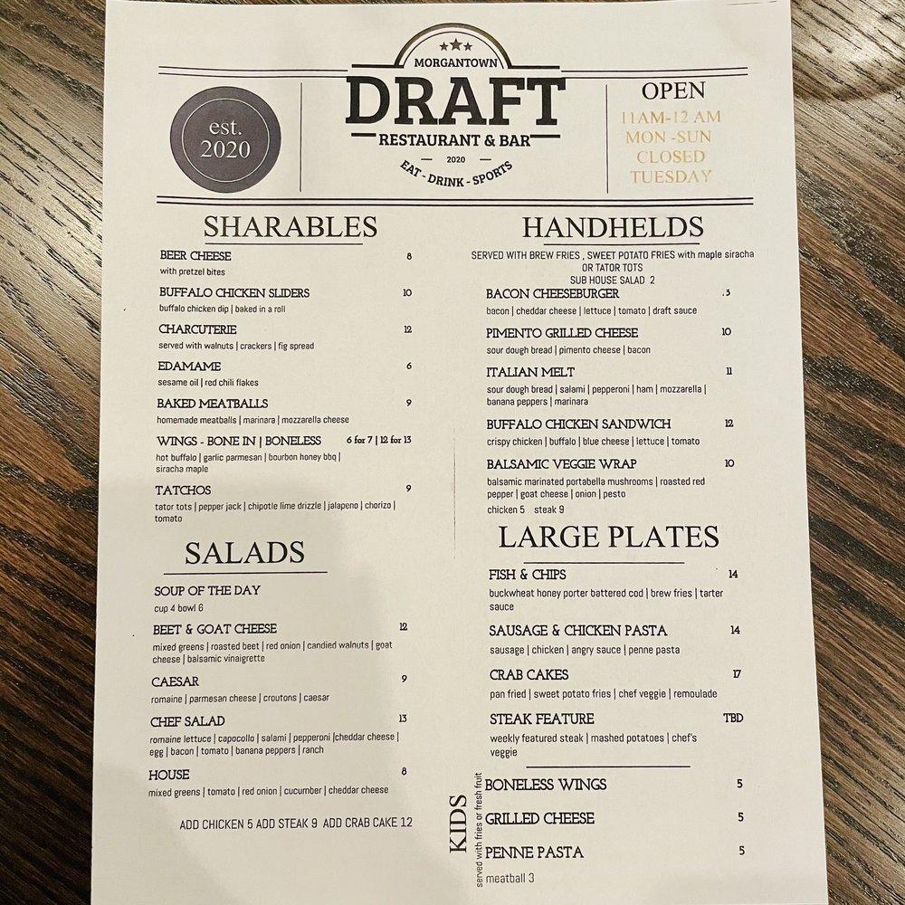 Carta del pub y bar Draft, Morgantown