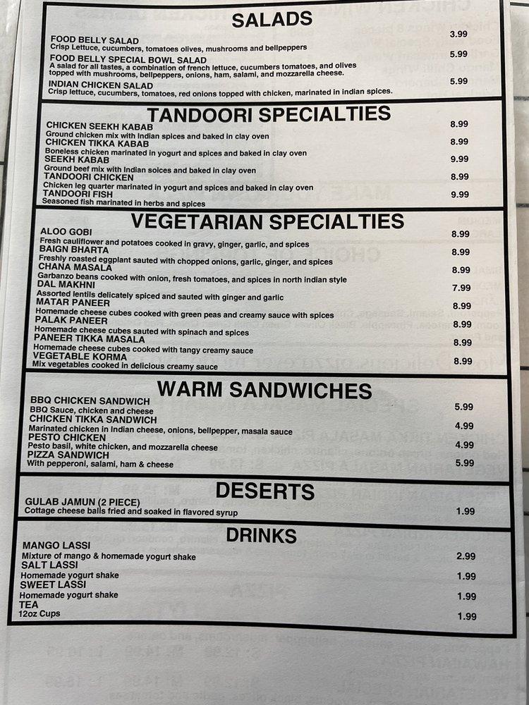 Menu at Food Belly pizzeria, Corsicana