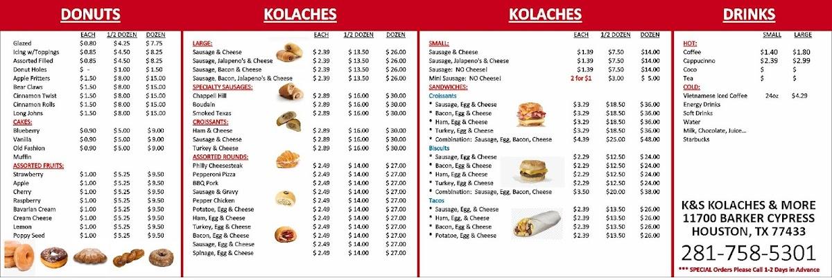 Menu at K & S Kolaches & More restaurant, Cypress