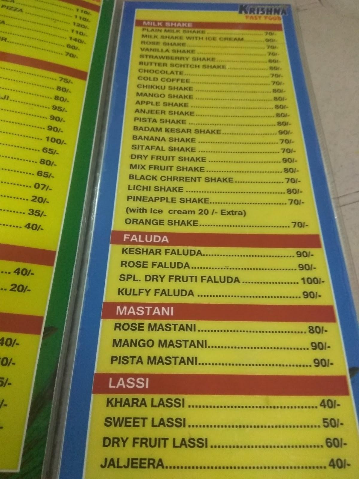 Menu at Krishna fast food, Kolhapur