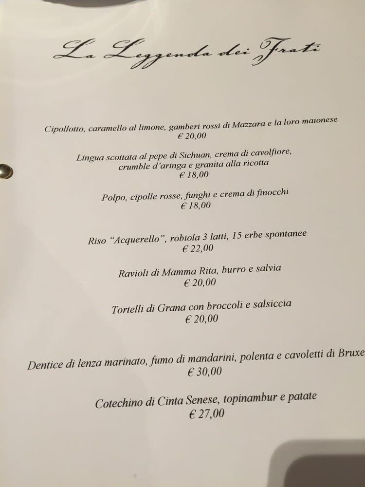 Menu at La Leggenda dei Frati restaurant, Florence, Costa S. Giorgio