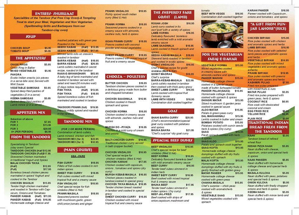Menu at Palm's Indian Kitchen restaurant, Palm Beach