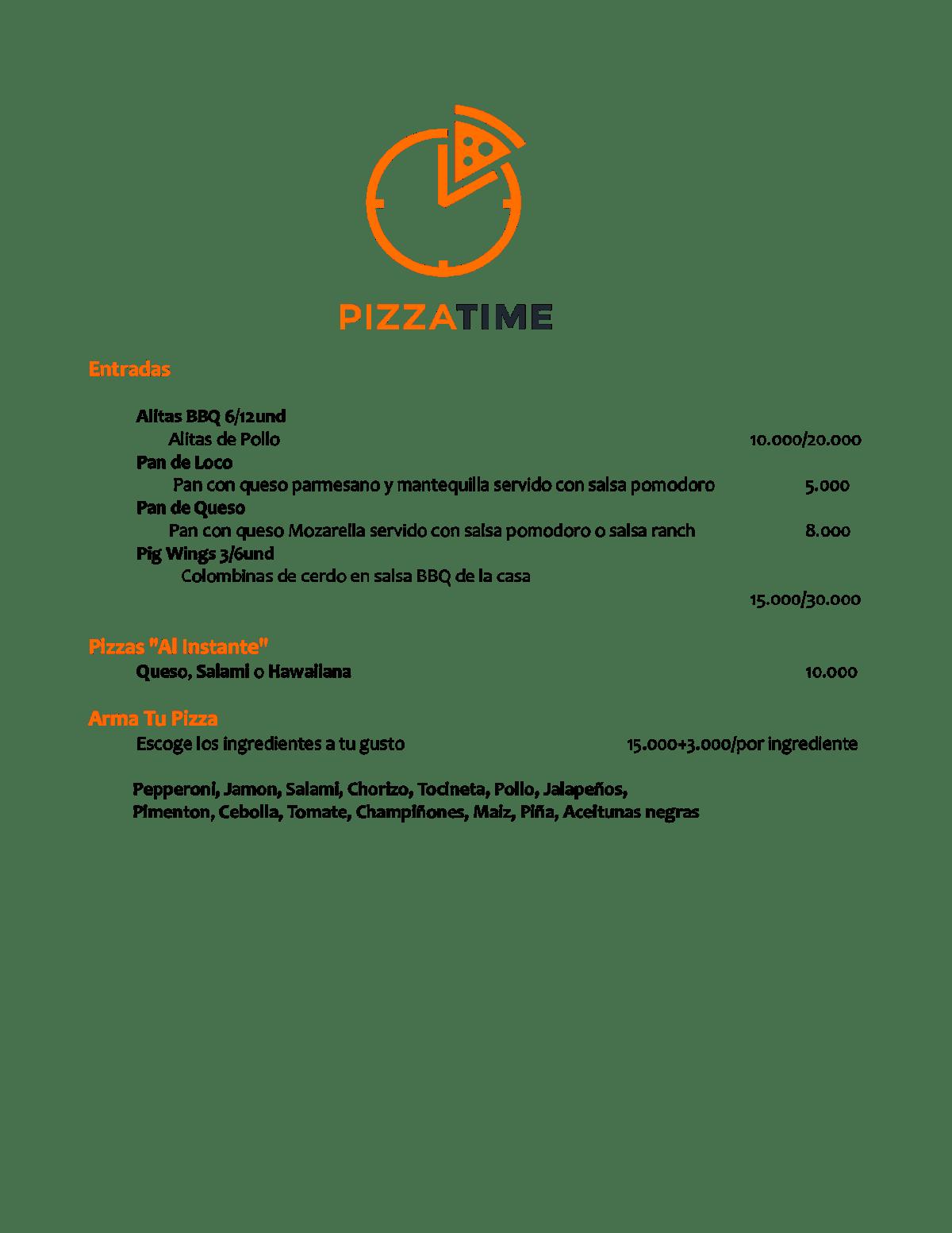 Carta del restaurante Pizza Time, Santa Marta