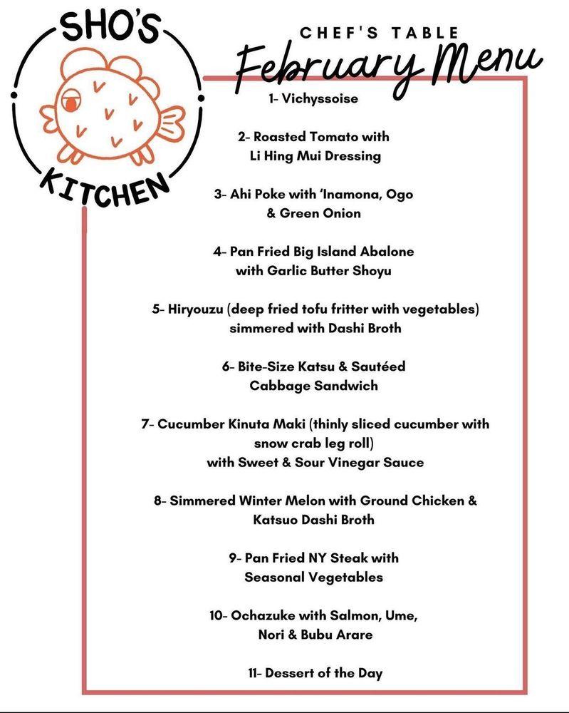 Menu at Sho's Kitchen Honolulu restaurant, Honolulu