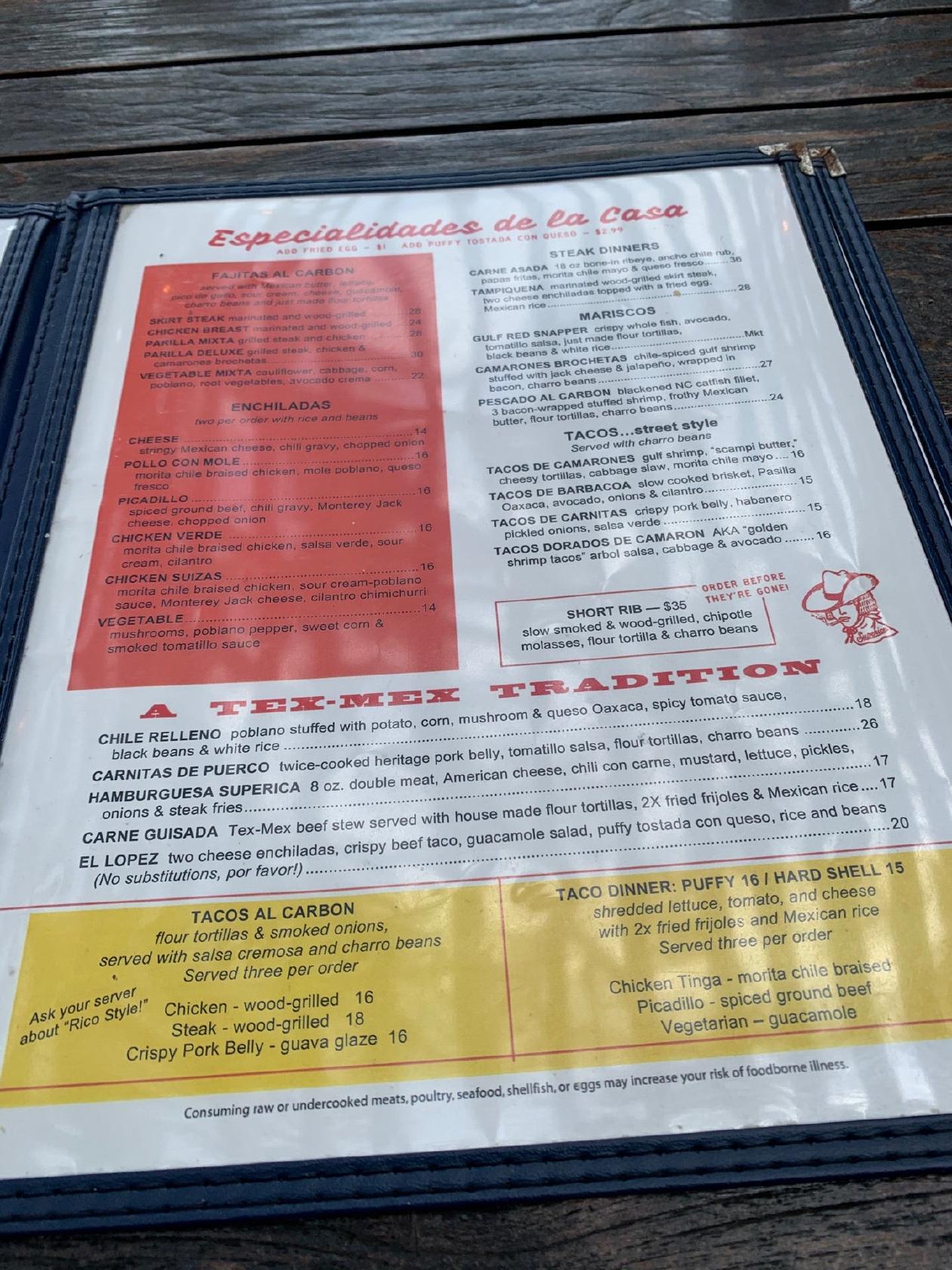 Menu at Superica restaurant, Houston