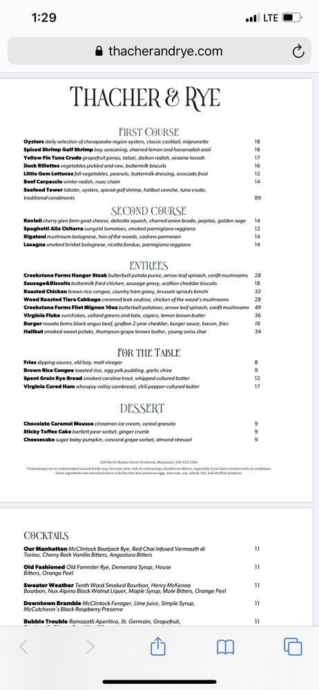 Menu at Thacher&Rye restaurant, Frederick