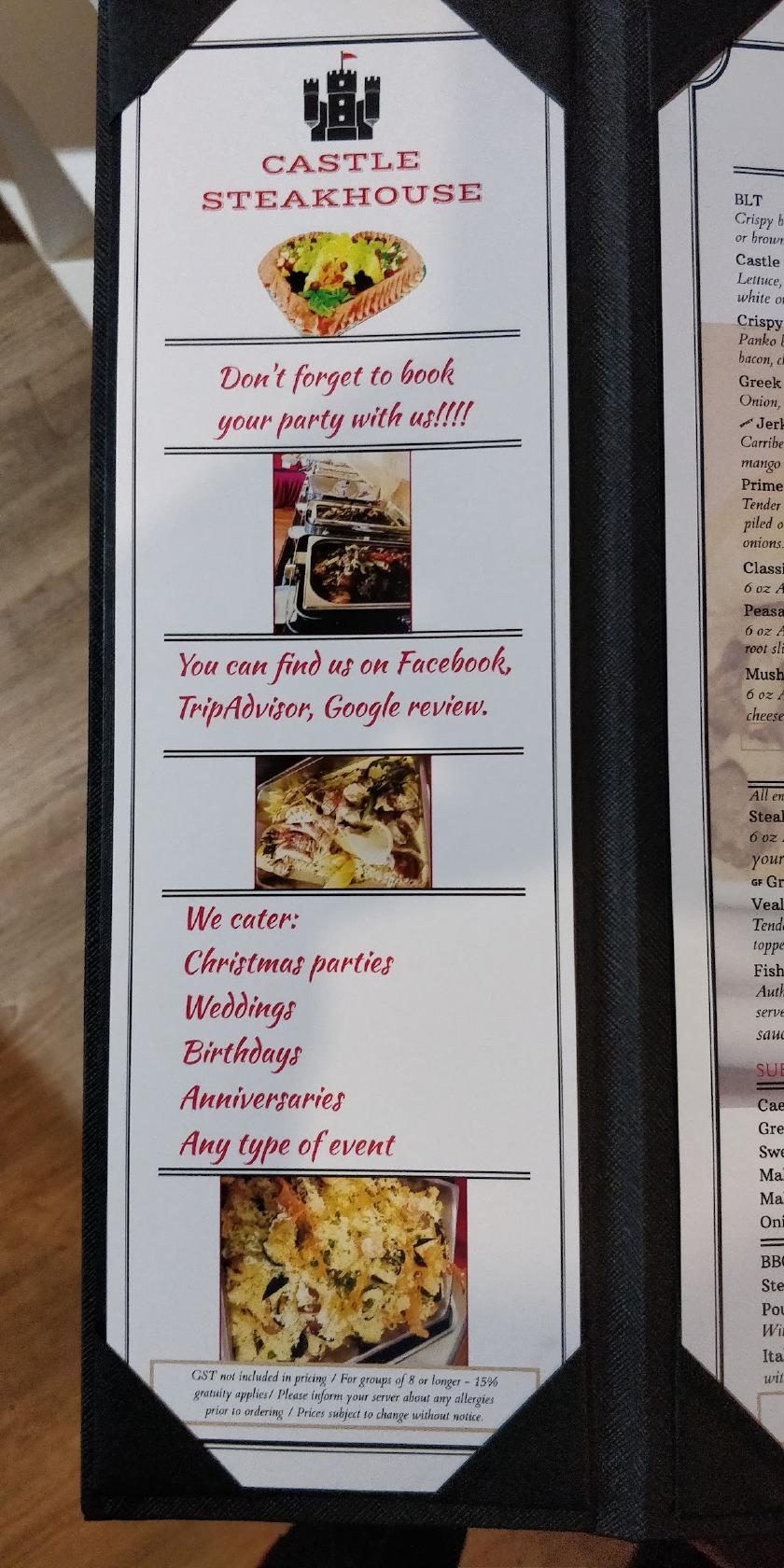 Menu at Castle Steakhouse, Wetaskiwin, 56 St