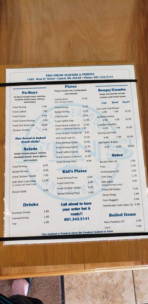 Menu at Fins Fresh Seafood and Po Boys restaurant, Laurel