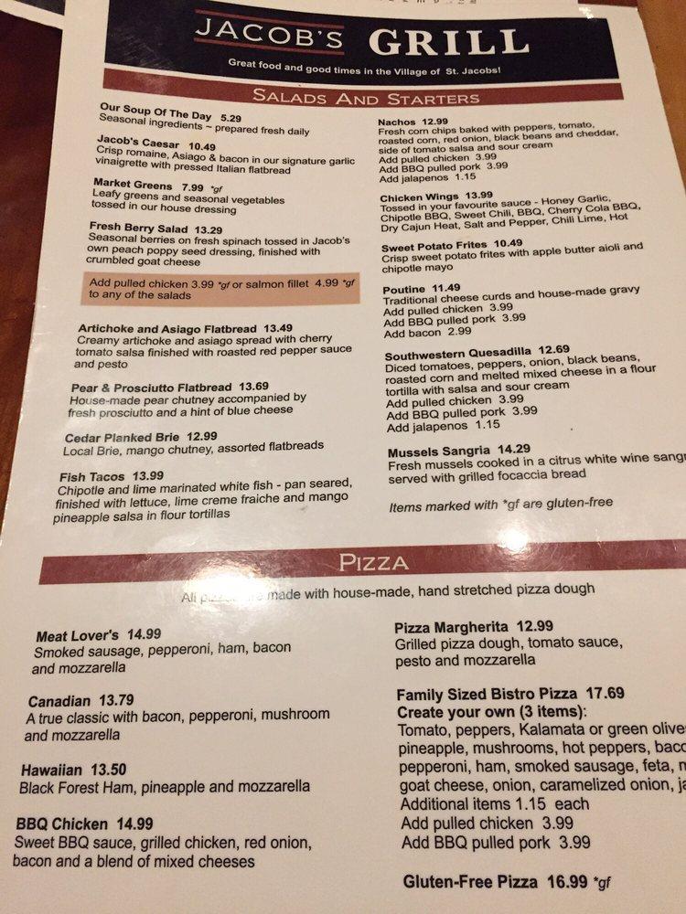 Menu at Jacob's Grill restaurant, Saint Jacobs