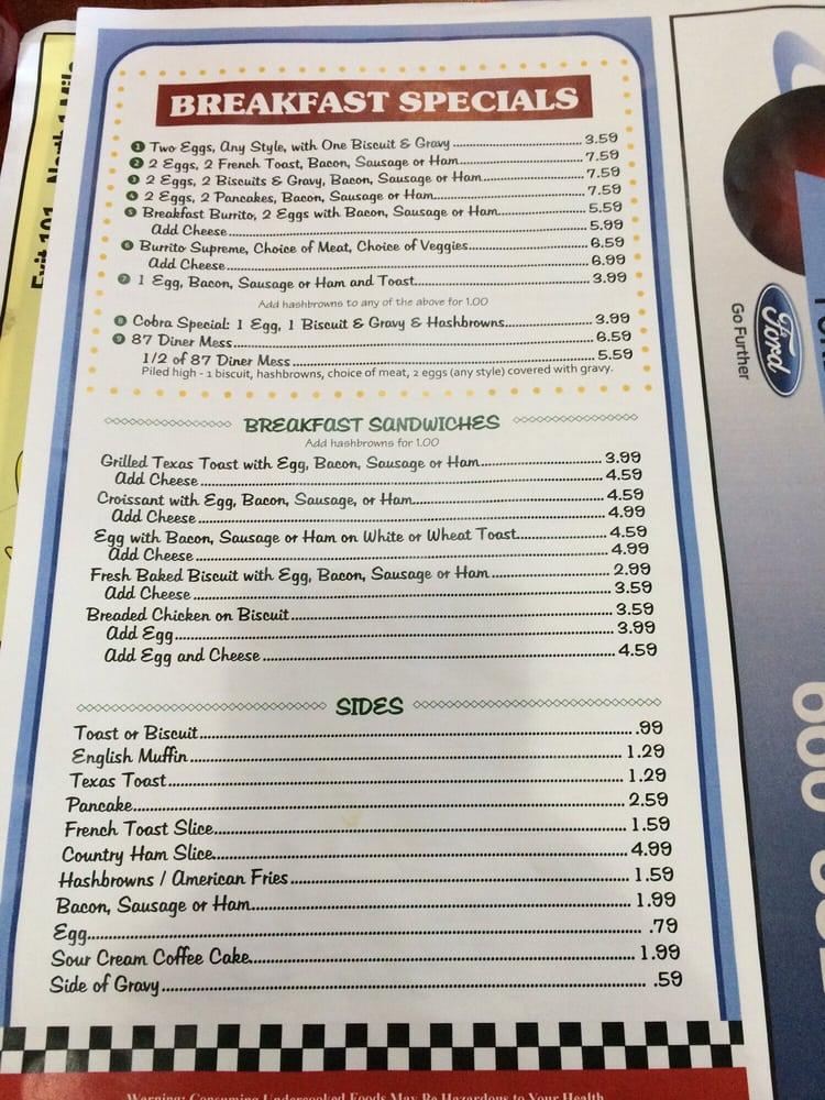 Menu at The 87 Diner restaurant, Boonville