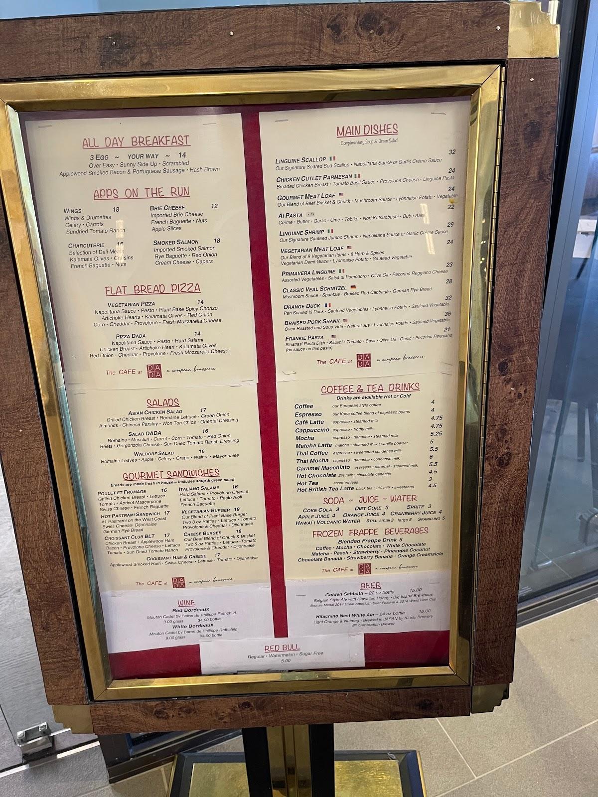 Menu at The Café at DaDa cafe, Honolulu