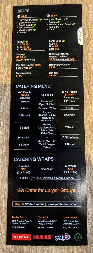 Menu at Yafa Hummus restaurant, Livermore