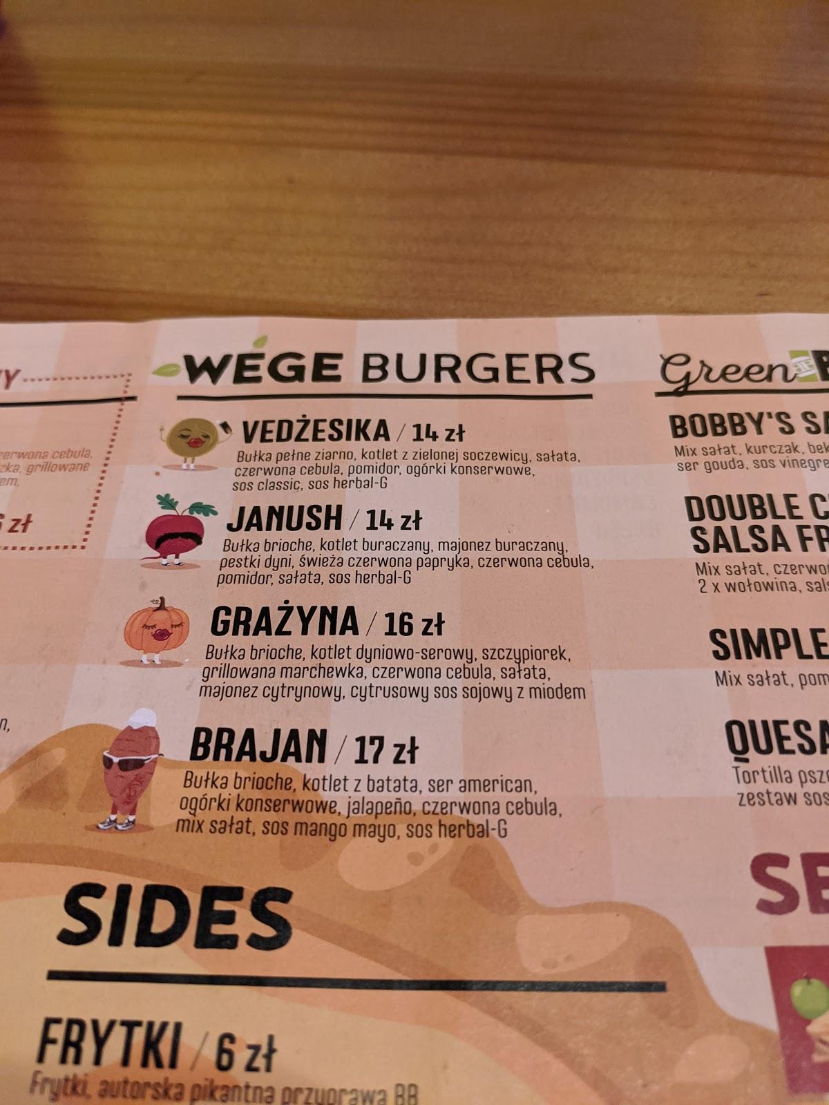 Carta del restaurante Bobby Burger, Częstochowa