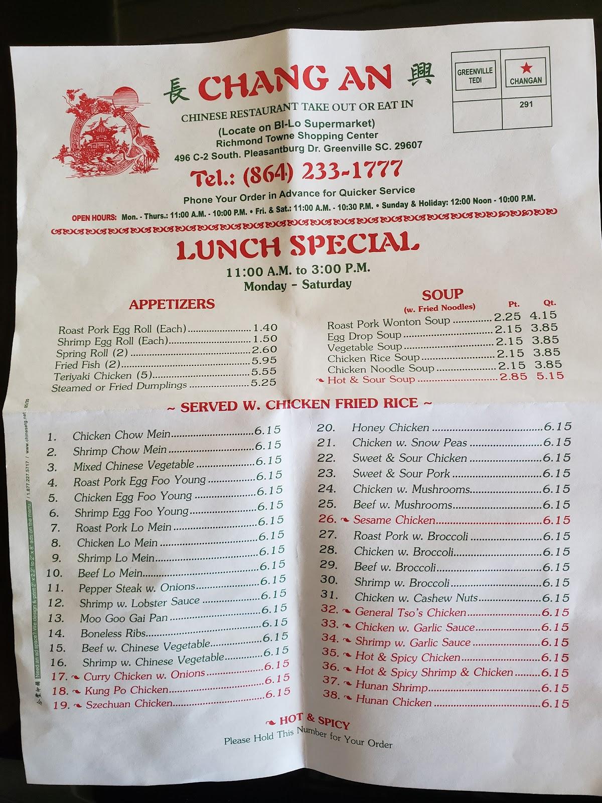 Menu at Chang An Restaurant, Greenville, 496 S Pleasantburg Dr