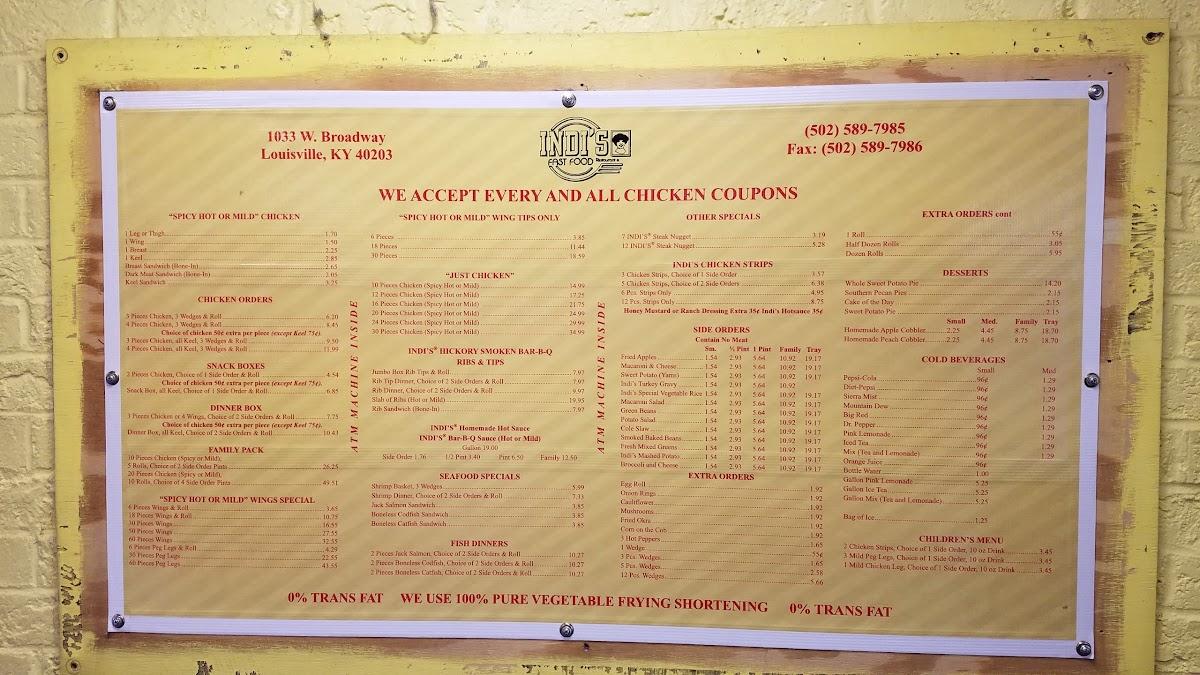 Menu at Indi's Fast Food Restaurant, Louisville, W Broadway