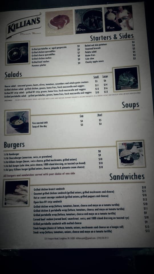 Menu at Killians Hardwood Grill pub & bar, Lower Burrell