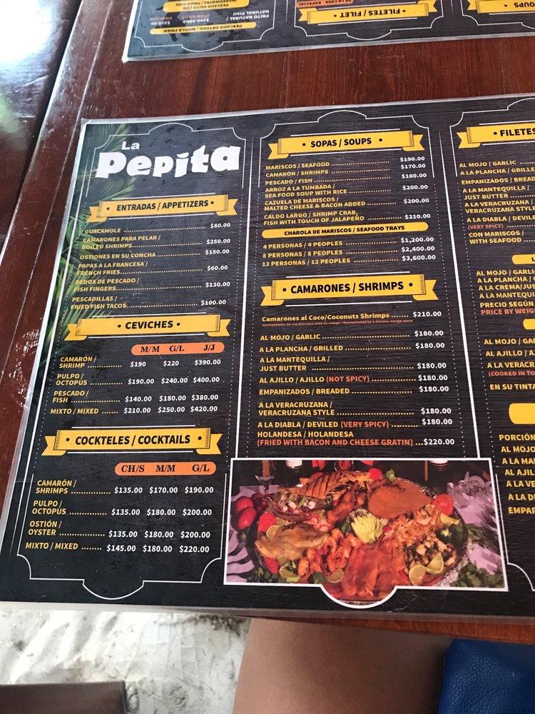 Menu at La Pepita restaurant, Puerto Morelos, Rafael E. Melgar MZ-4-lote 3A