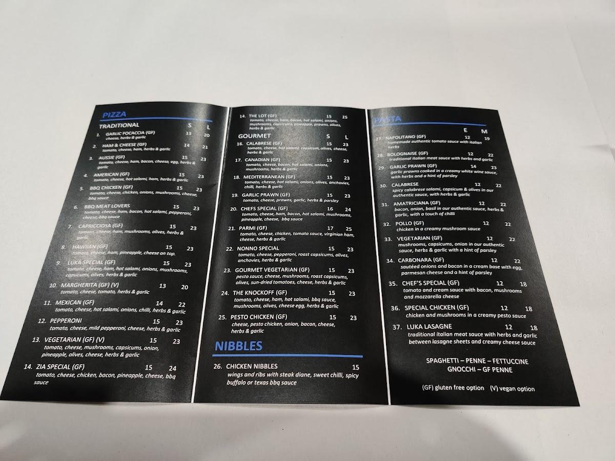 Menu at Luka Pizza Bar, Leopold