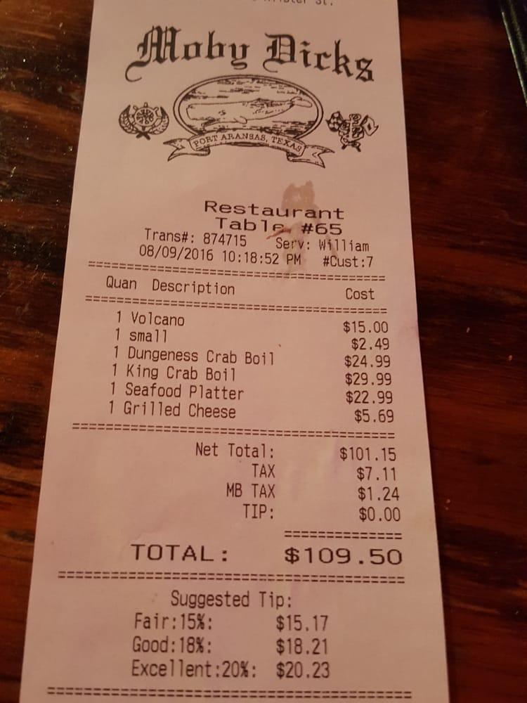 Menu at Moby Dick's steakhouse, Port Aransas