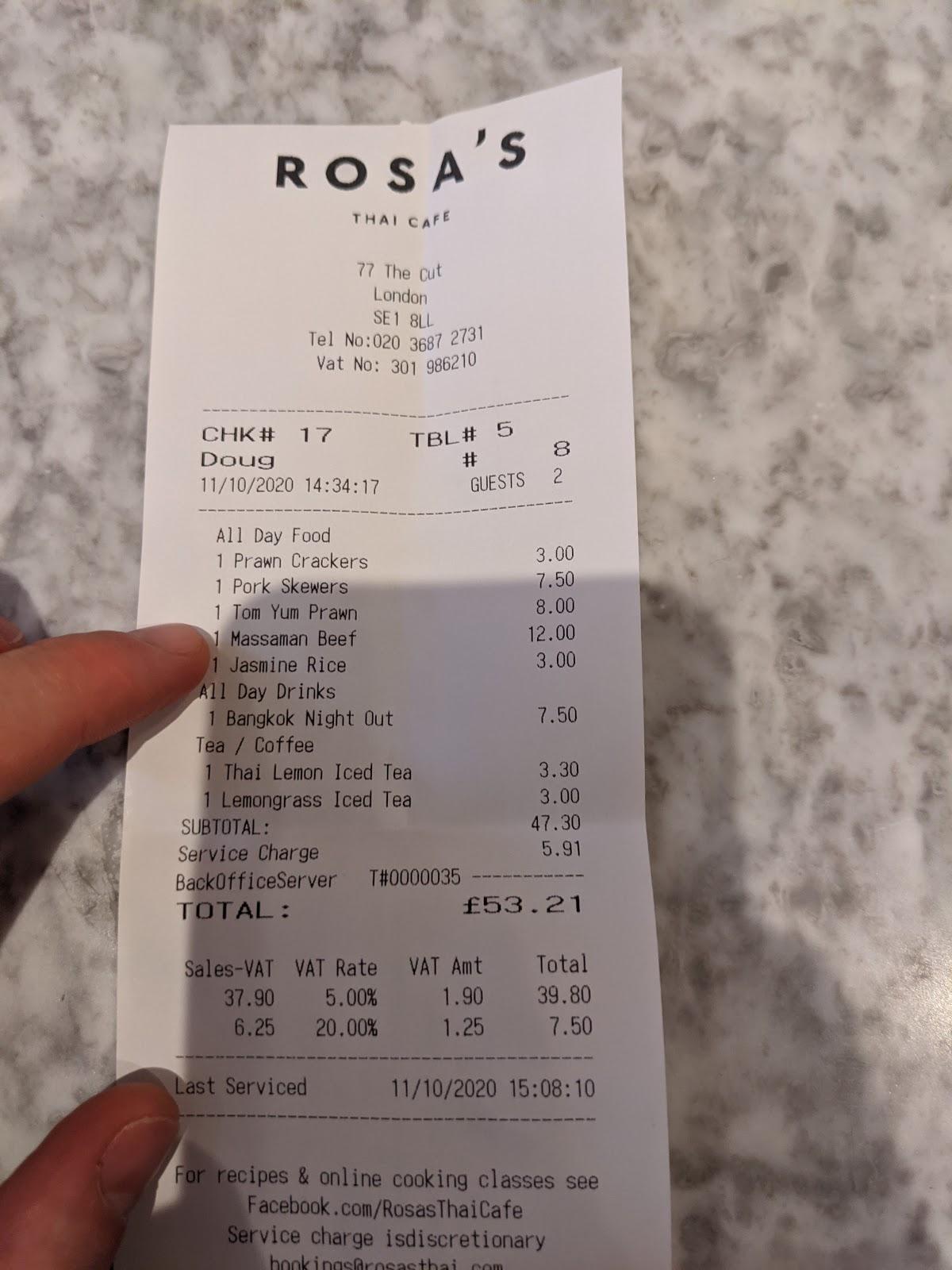 Menu at Rosa's Thai Waterloo restaurant, London