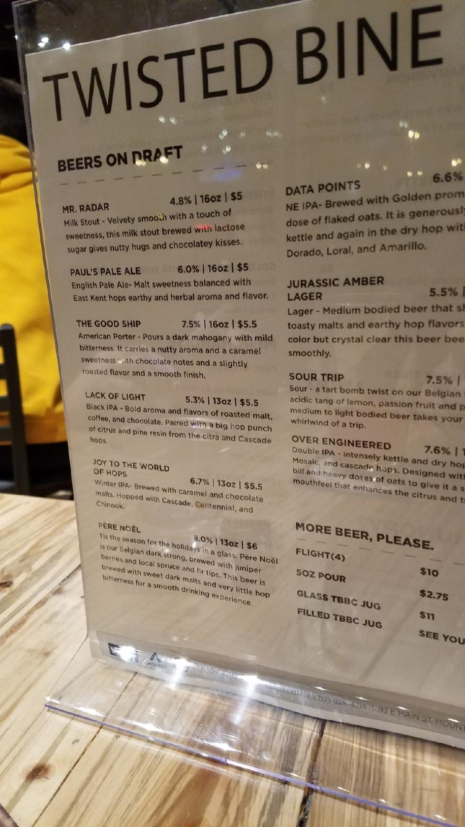 Menu at Twisted Bine pub & bar, Mount Joy