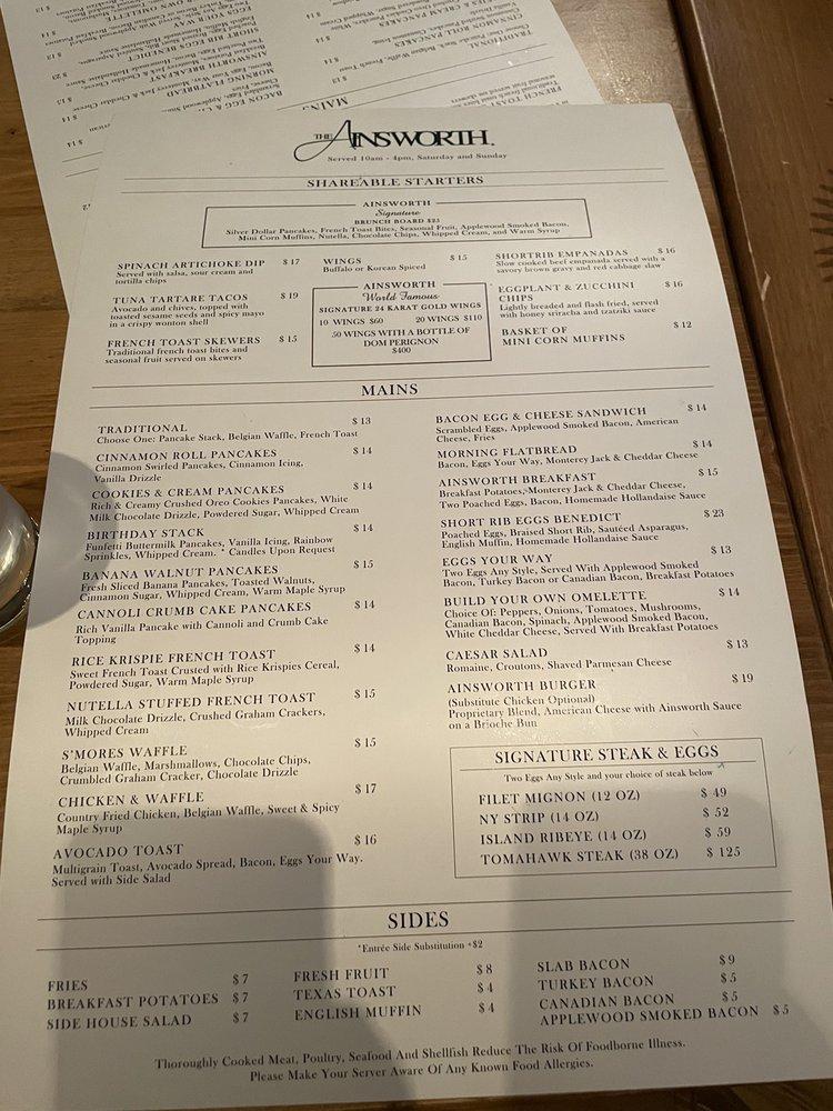 Menu at Ainsworth RVC restaurant, Rockville Centre