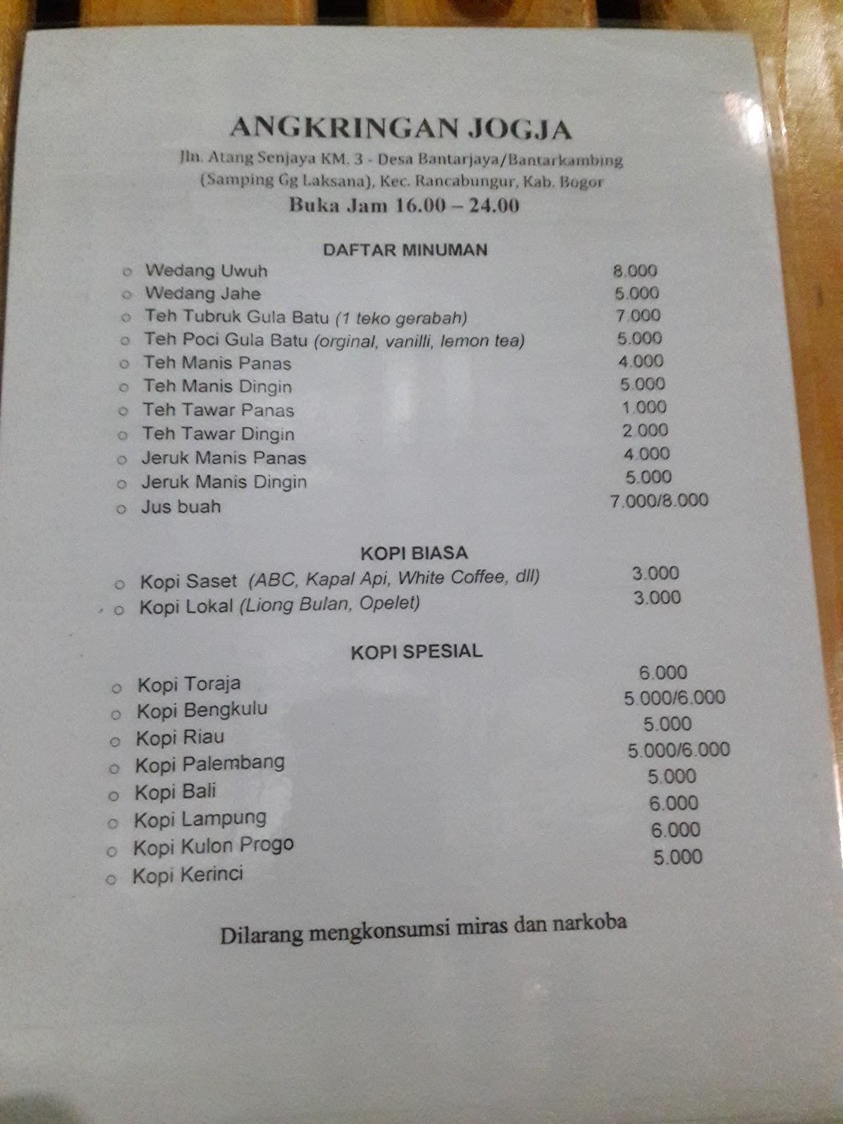 Menu at Angkringan Jogja cafe, Bogor, Jalan Letkol Atang Senjaya samping