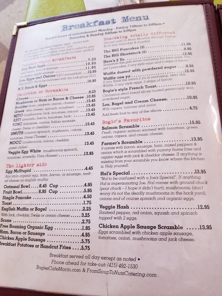 Menu at Bogie's Too - Home of Marin's Best Eggs Benedict, & Buttermilk ...