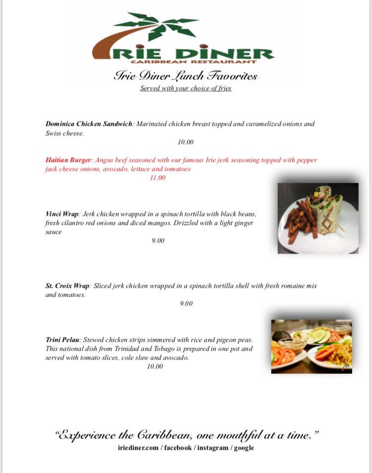 Menu at Irie Diner Caribbean Restaurant, Orange Park