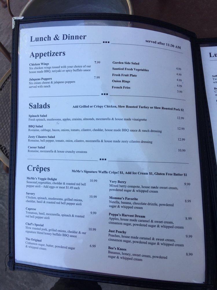 Menu at MeMe's Café cafe, Springdale