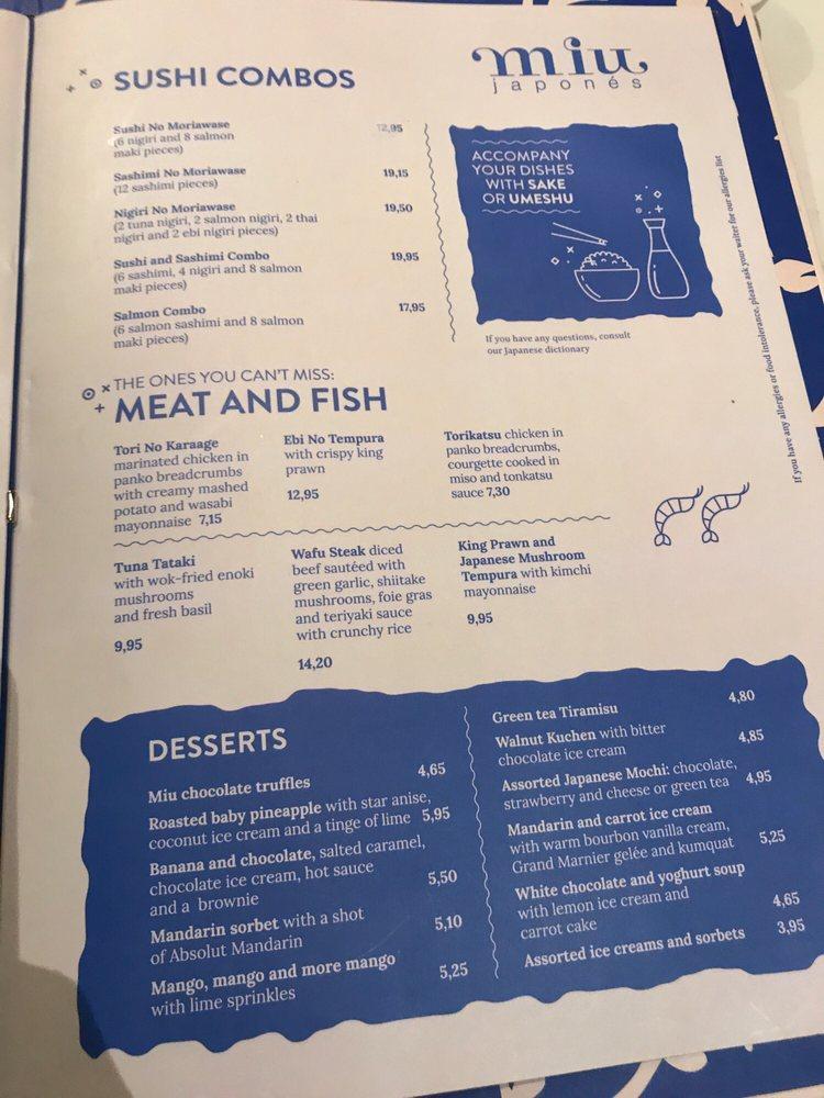 Menu at Miu restaurant, Barcelona
