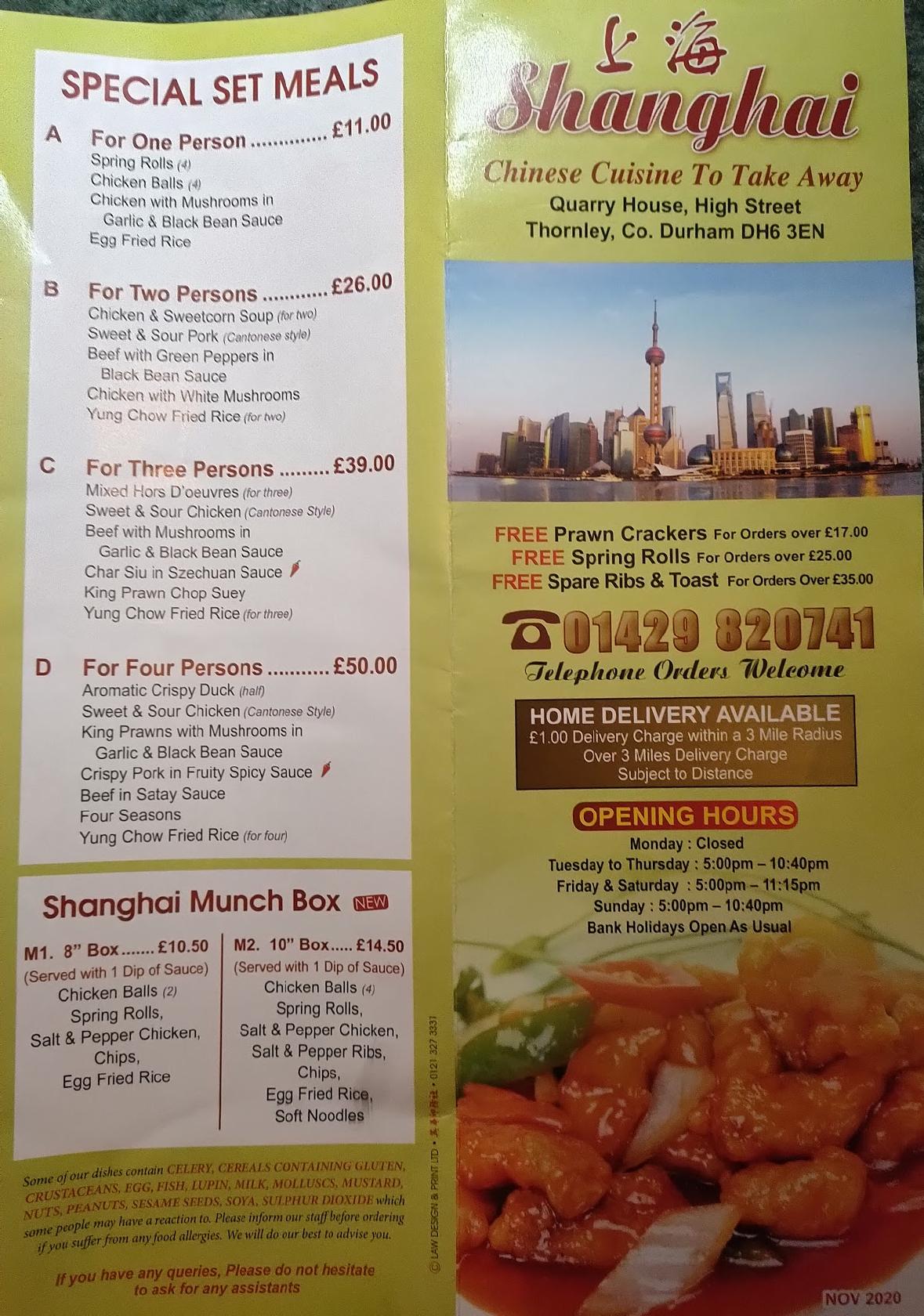Menu at Shanghai Chinese Take Away fast food, Thornley