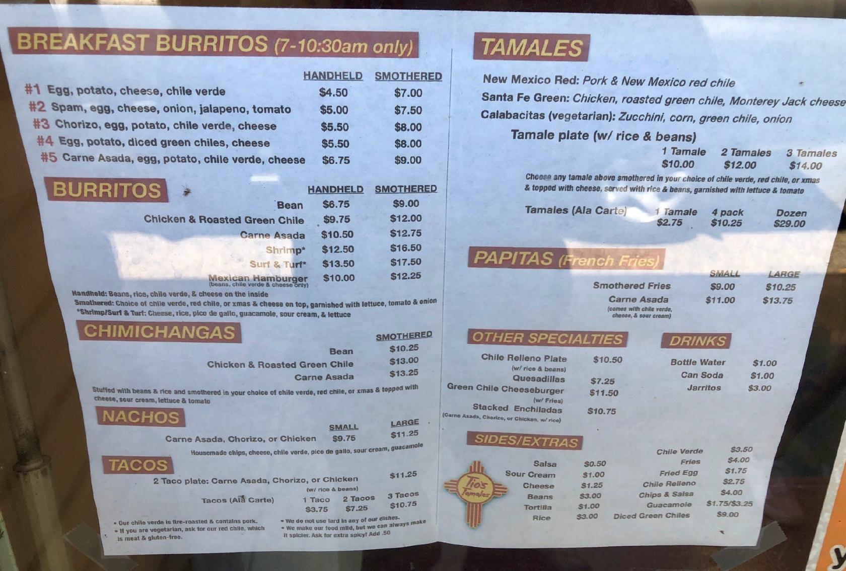 Menu at Tio's Tamales restaurant, Honolulu