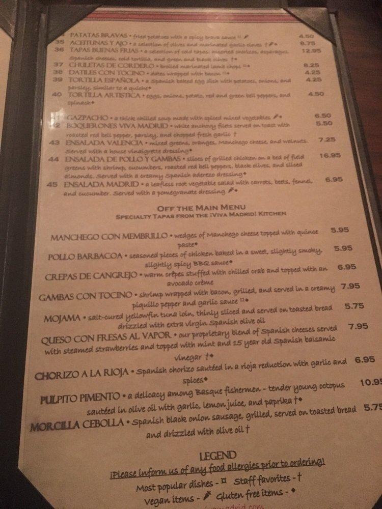 Menu at Viva Madrid pub & bar, Claremont, 225 N Yale Ave