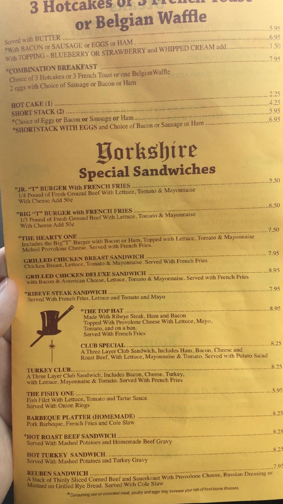 Menu at Yorkshire Restaurant, Manassas