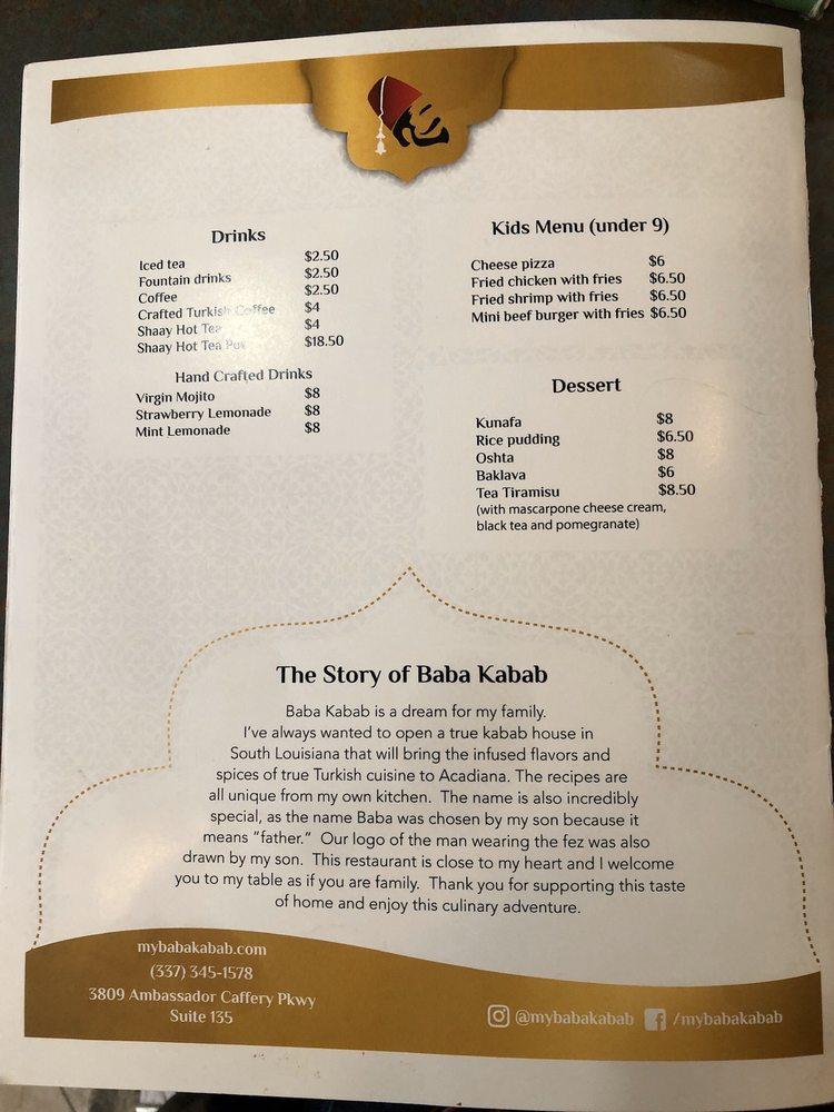 Menu at Baba Kabab restaurant, Lafayette