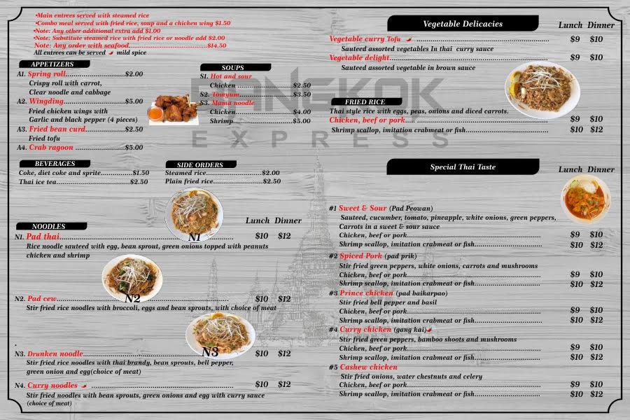 Menu at Bangkok Express restaurant, Flint