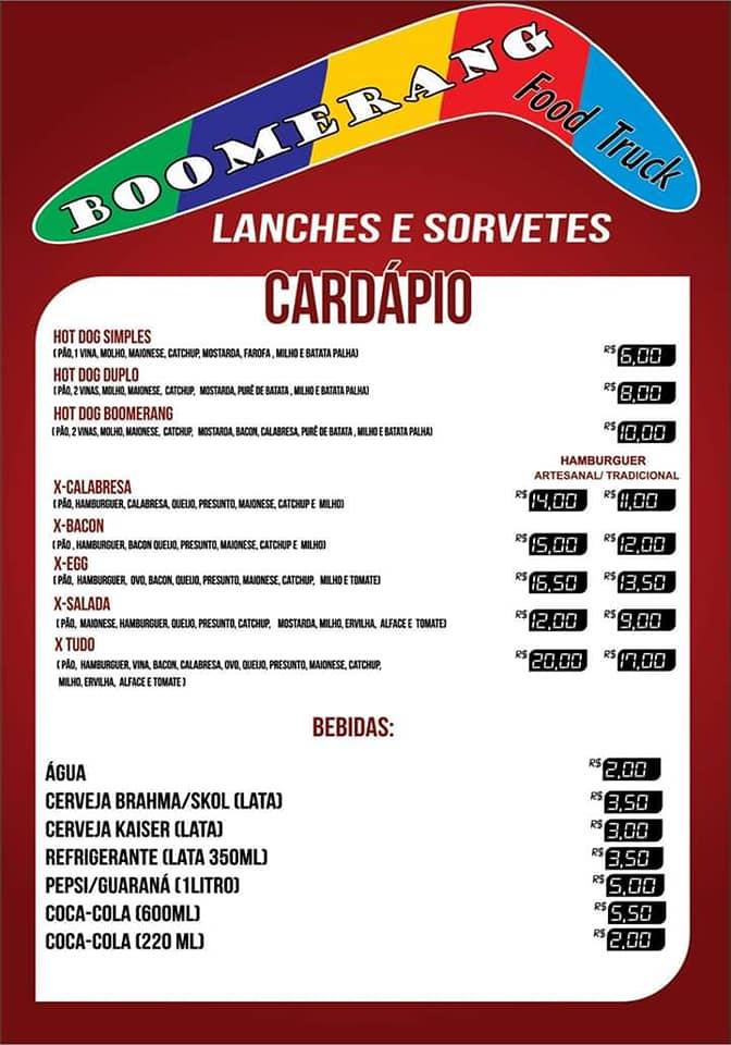 Menu at Boomerang Lanches e Sorvetes cafeteria, Araucária