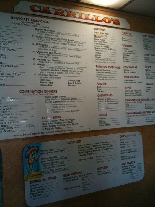 Menu at Carrillo's Mexican Deli restaurant, Simi Valley
