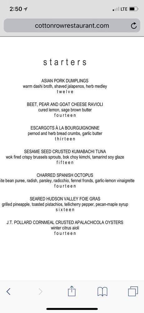 Menu at Cotton Row restaurant, Huntsville