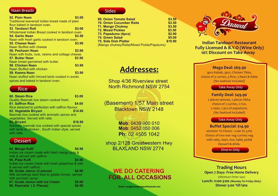 Menu at Daawat Indian North Richmond restaurant, North Richmond