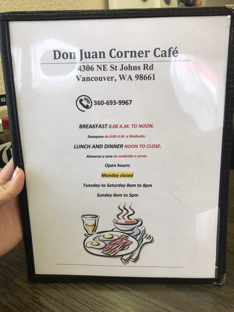 Menu at Don Juan Corner Cafe, Vancouver