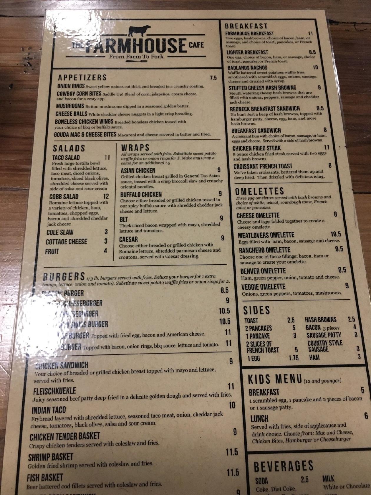 Menu at Farmhouse Cafe, Medora
